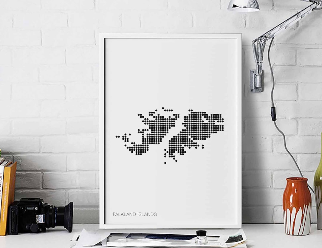 FALKLAND ISLANDS Minimal Dots Retro Map Poster Black White Wall Decor ...