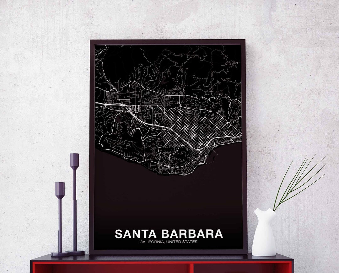 SANTA BARBARA California CA Usa Map Poster Black White Hometown City ...