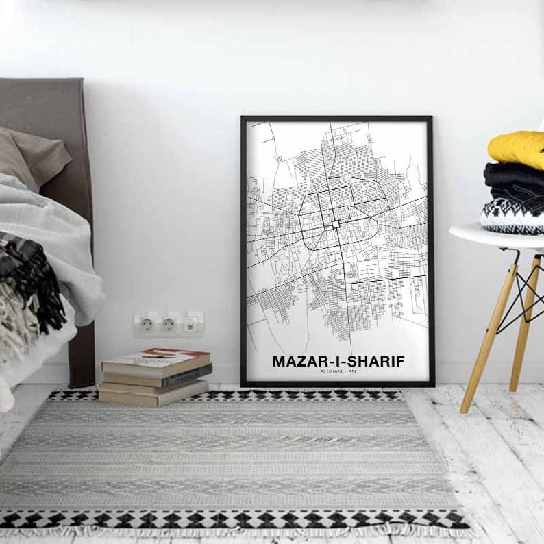 MAZAR-I-SHARIF Afghanistan Map Poster Black White Hometown | Etsy