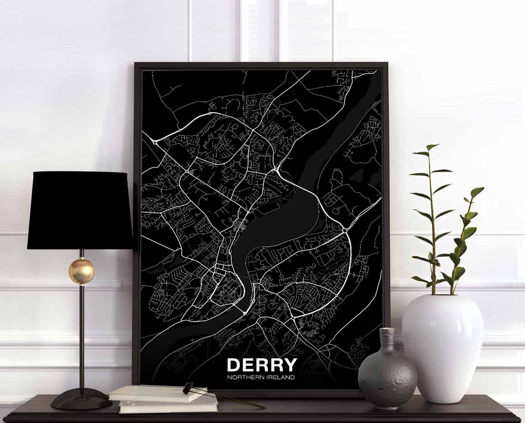 DERRY LONDONDERRY Northern Ireland Map Poster Black White Hometown City ...