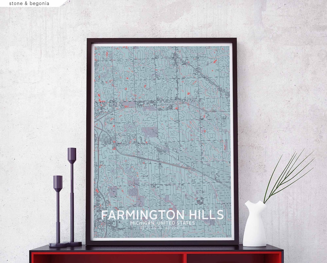 FARMINGTON HILLS Michigan USA Map Poster Black White Hometown City ...