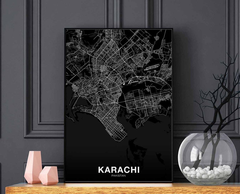 KARACHI Pakistan Map Poster Black White Hometown City Print Modern Home ...