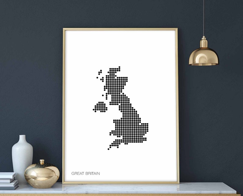 GREAT BRITAIN Minimal Dots Retro Map Poster Black White Wall Decor ...
