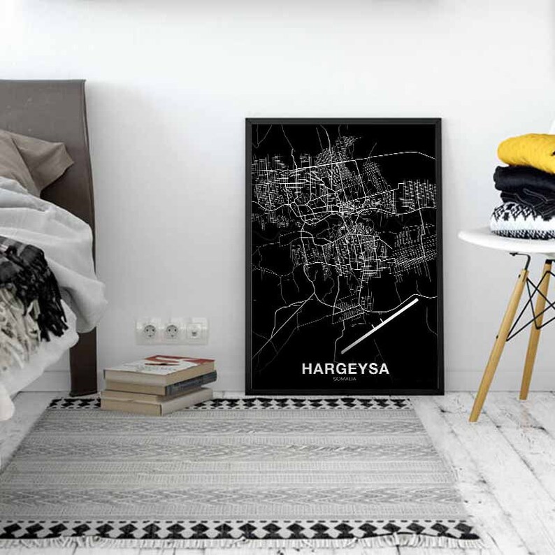 HARGEYSA Somalia Map Poster Black White Hometown City Print Modern Home ...