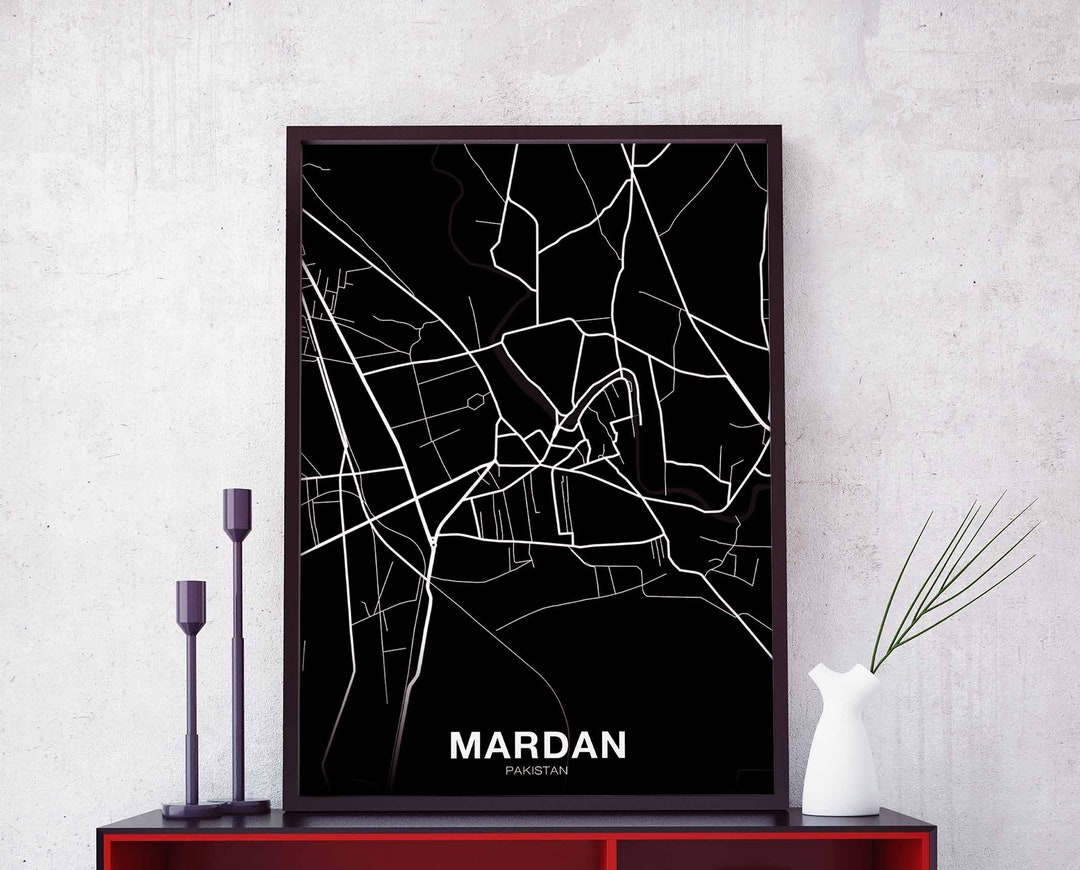 MARDAN Pakistan Map Poster Black White Hometown City Print Modern Home ...
