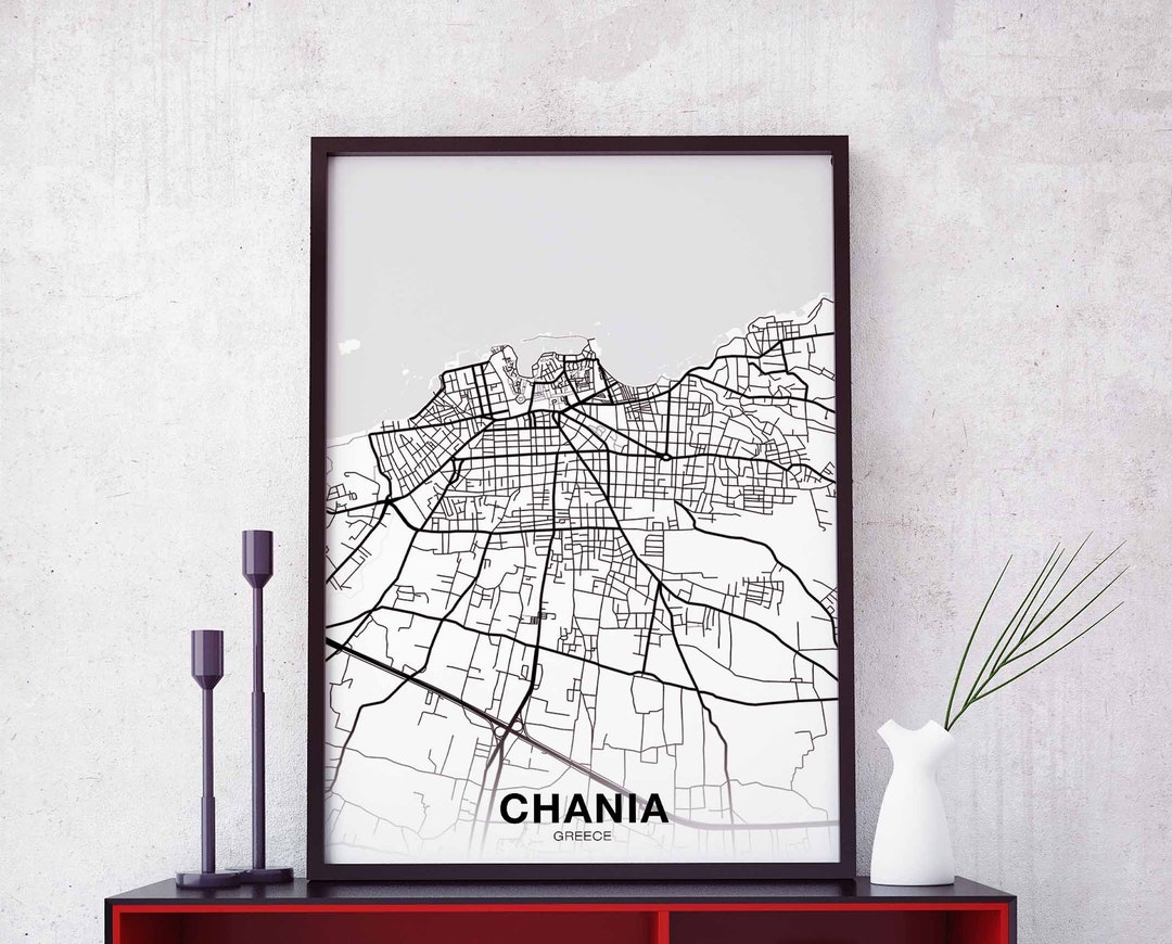 CHANIA Greece Map Poster Black White Hometown City Print Modern Home ...