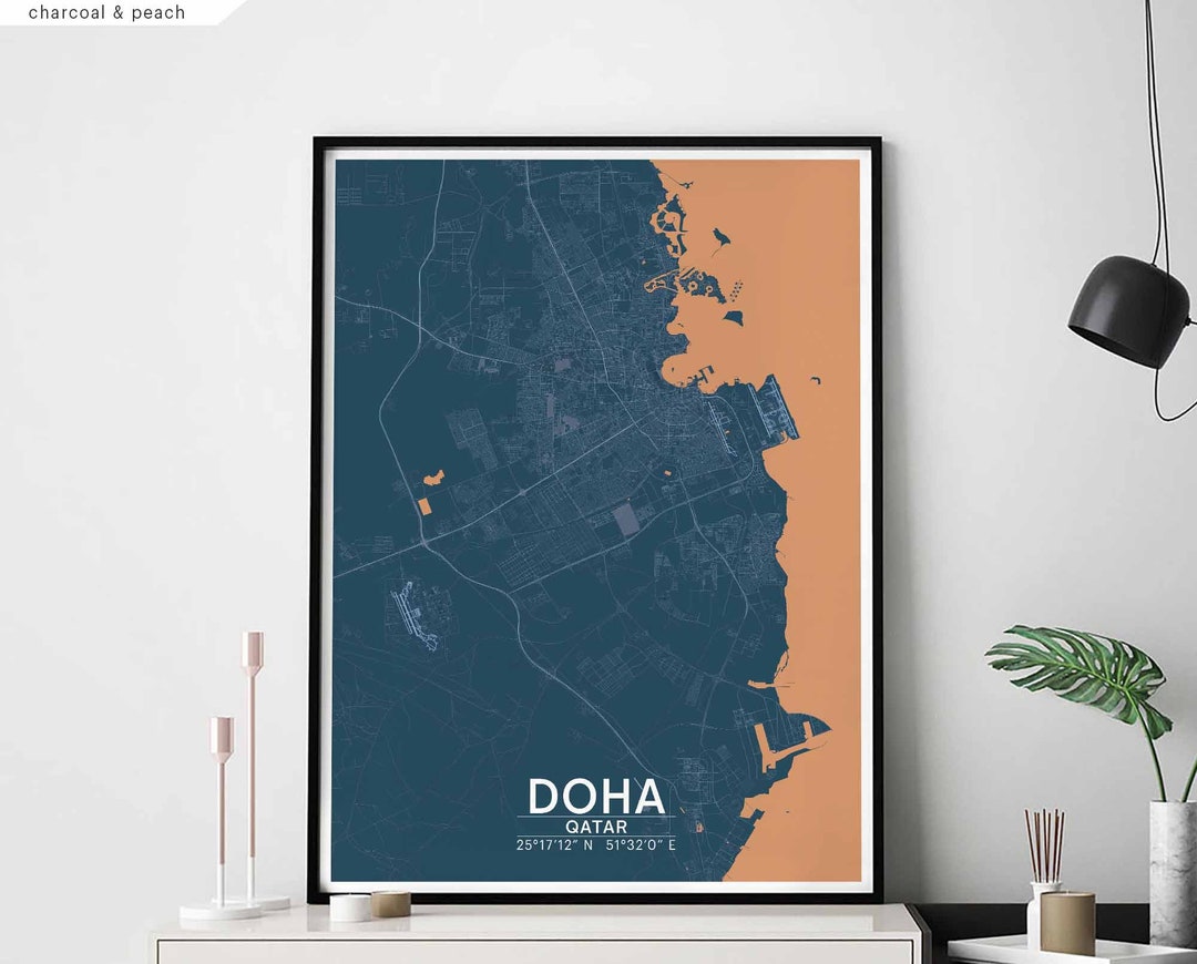 DOHA Qatar Map Poster Black White Wall Decor Design Modern Scandinavian ...