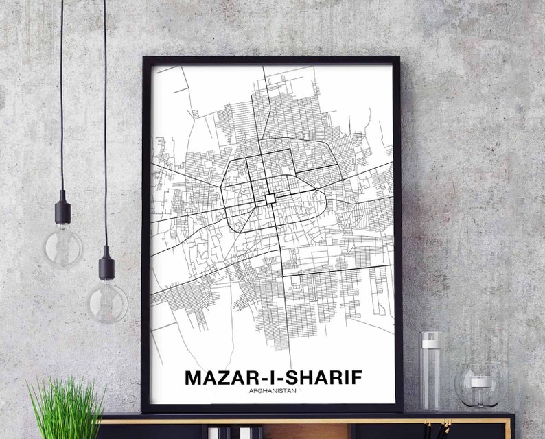 MAZAR-I-SHARIF Afghanistan Map Poster Black White Hometown | Etsy