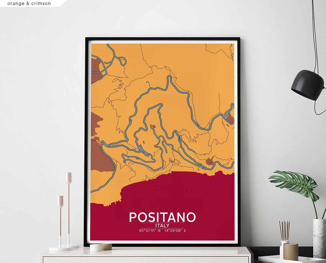 POSITANO Italy Map Poster Black White Hometown City Print Modern Home ...