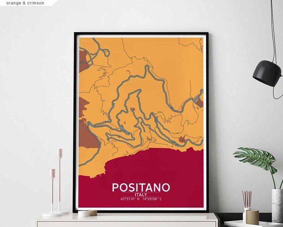 POSITANO Italy map poster black white Hometown City Print | Etsy