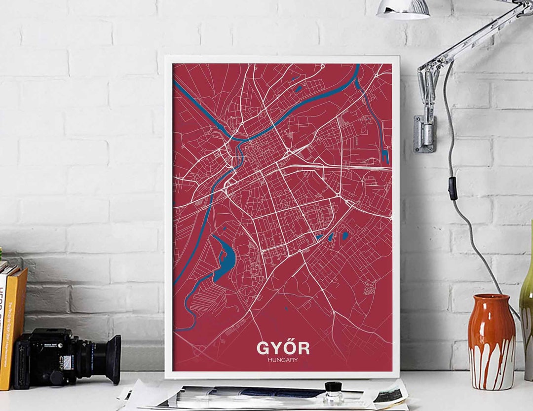 GYOR Hungary Map Poster Color Hometown City Print Modern Home Decor ...