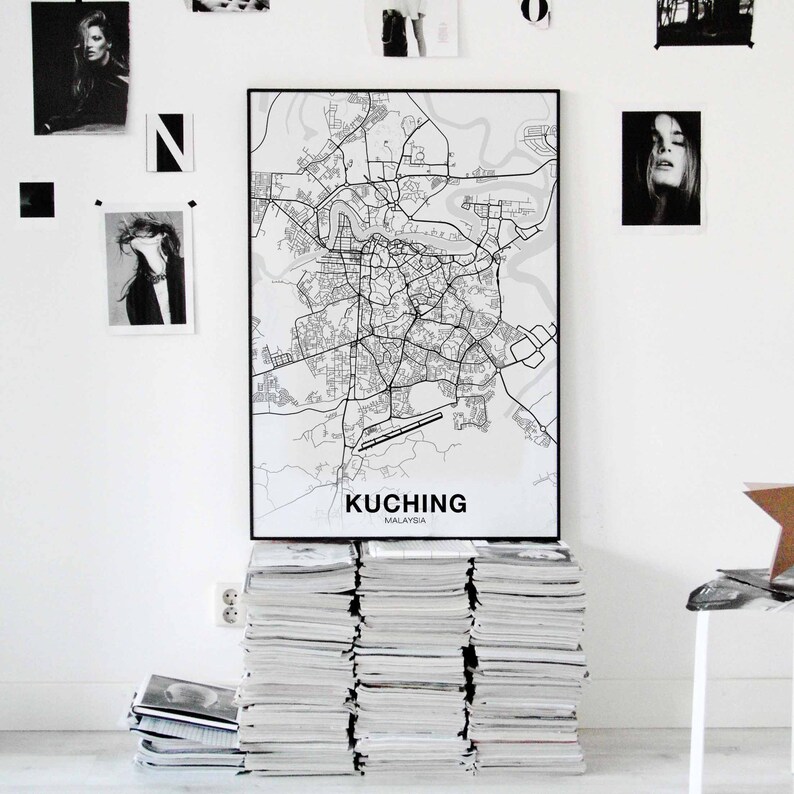 KUCHING Malaysia Map Poster Black White Hometown City Print Modern Home ...