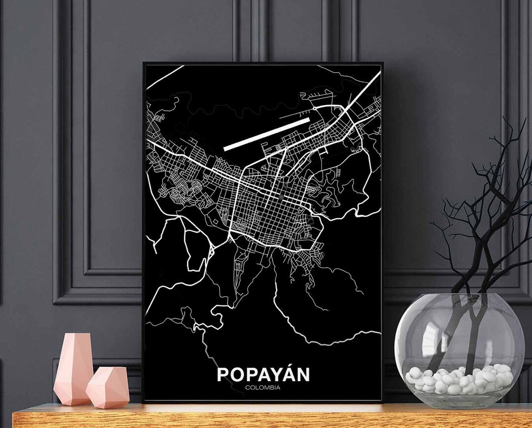 POPAYAN Colombia Map Poster Black White Hometown City Print Modern Home ...
