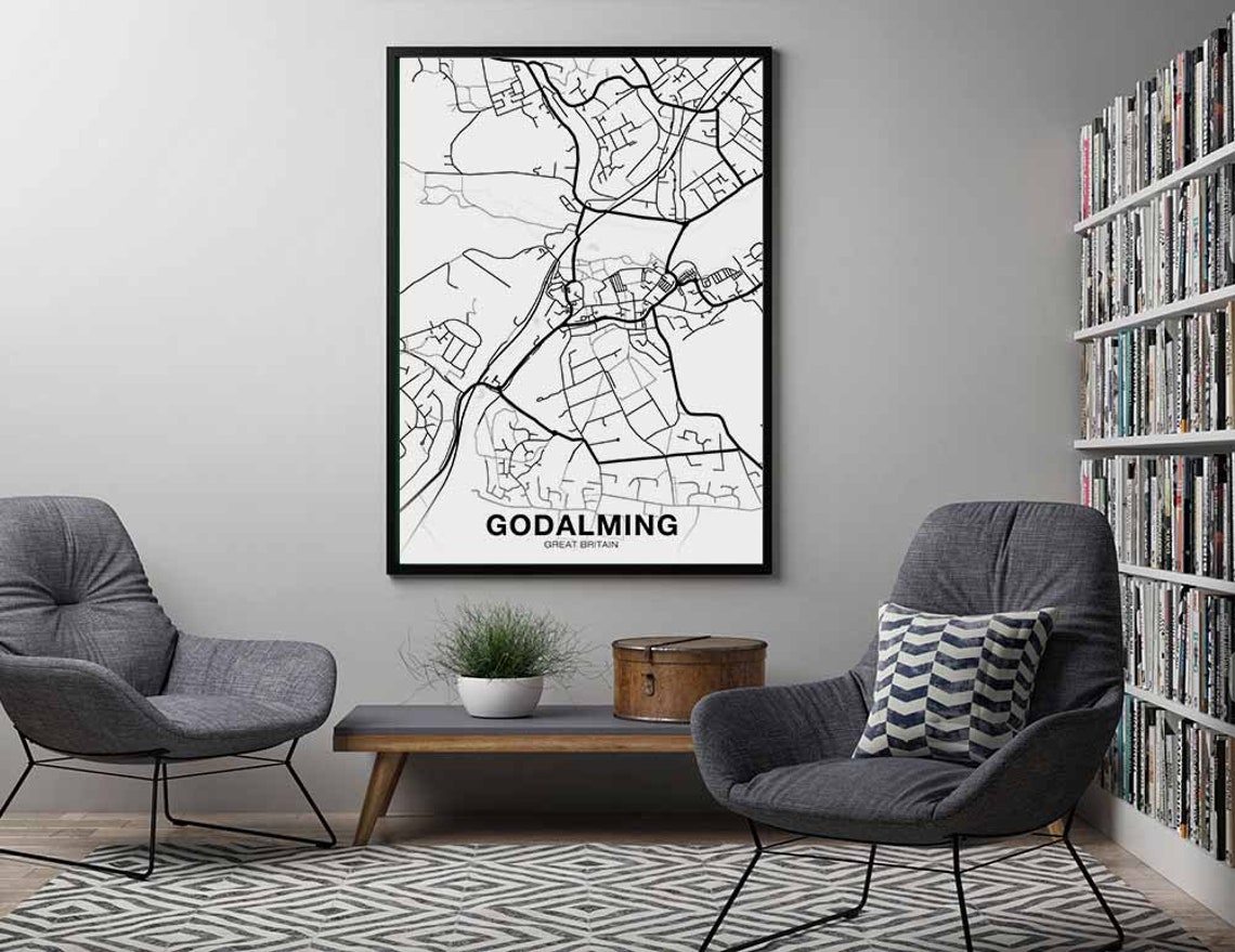GODALMING Great Britain GB UK Map Poster Black White Hometown City ...