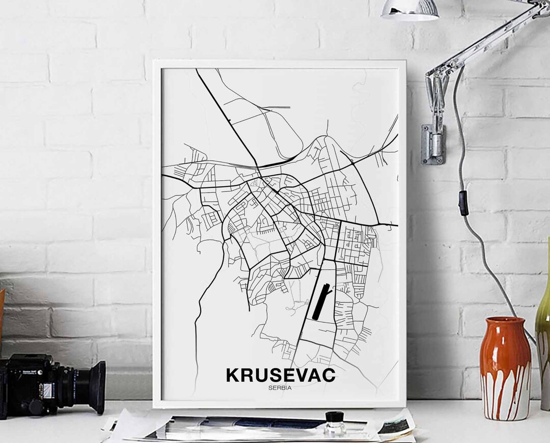 KRUSEVAC Serbia Map Poster Black White Hometown City Print Modern Home ...