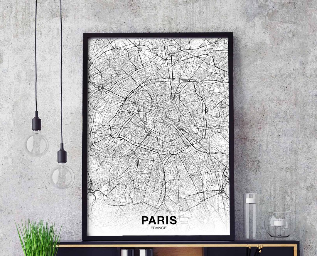 PARIS France Map Poster Black White Hometown City Print Modern Home ...