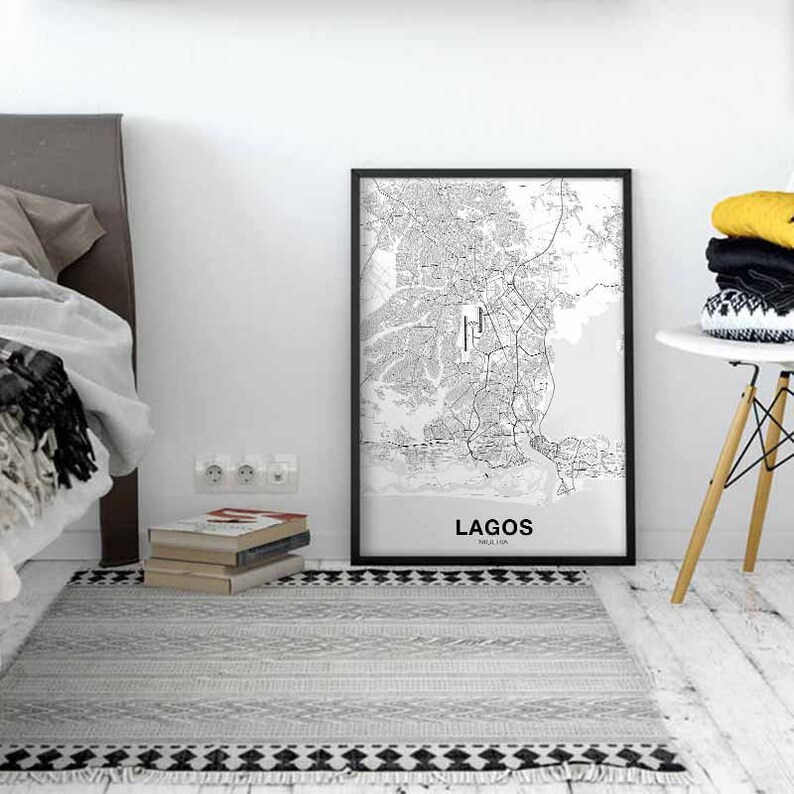 LAGOS Nigeria Map Poster Black White Hometown City Print Modern Home ...