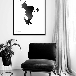 MAYOTTE Minimal Dots Retro Map Poster Black White Wall Decor Design ...