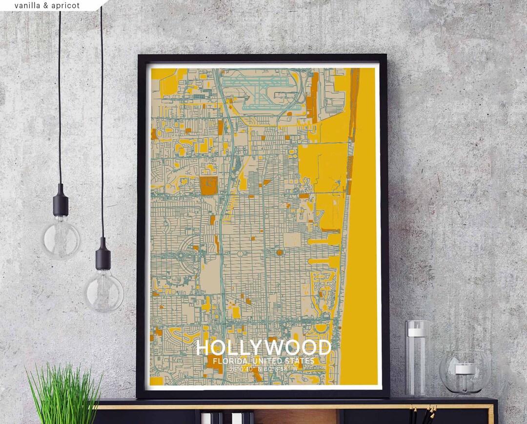 HOLLYWOOD Florida Usa Map Poster Black White Hometown City Print Modern ...
