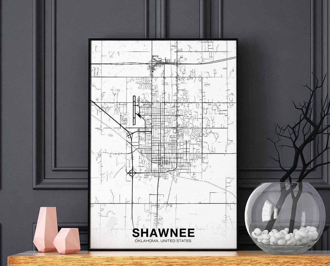 SHAWNEE Oklahoma OK Usa Map Poster Black White Hometown City Print ...