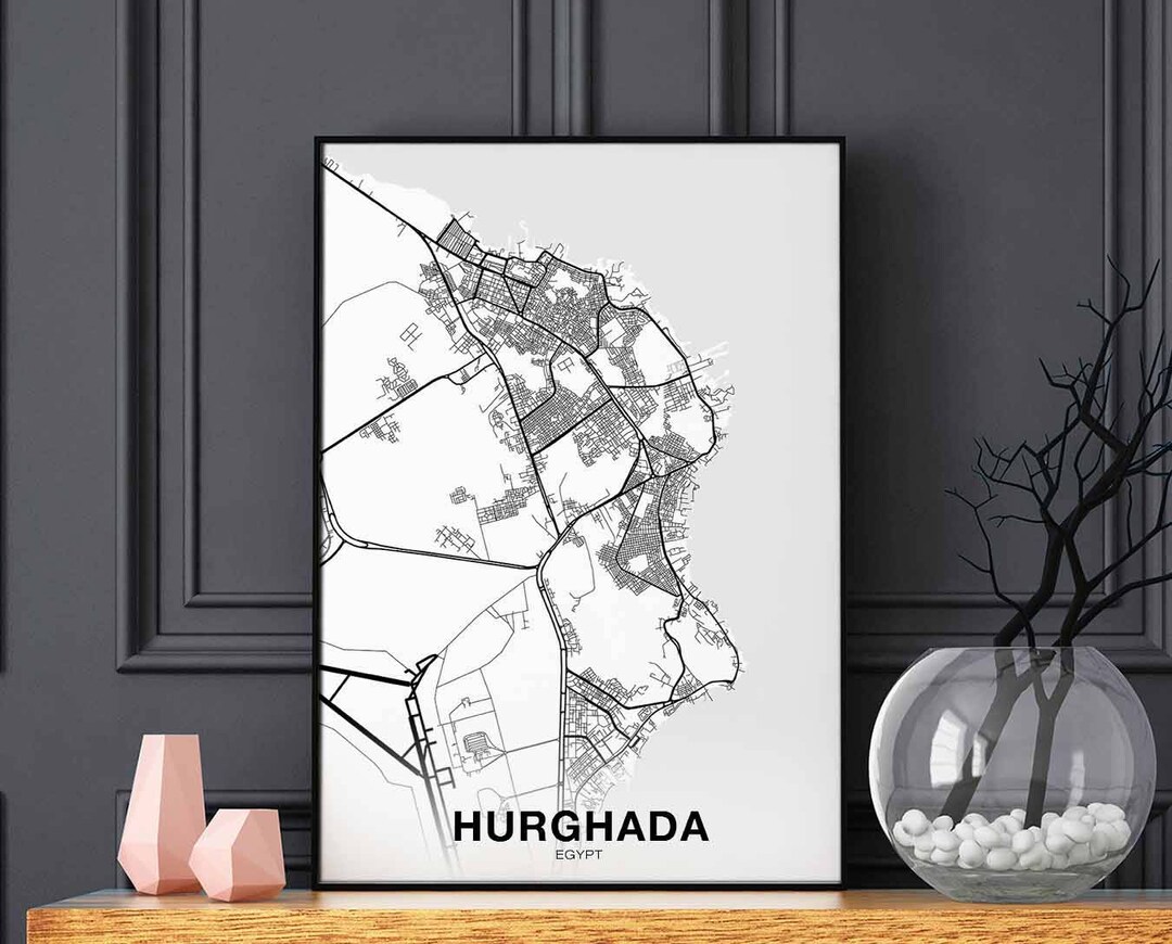 HURGHADA Egypt Map Poster Black White Hometown City Print Modern Home ...
