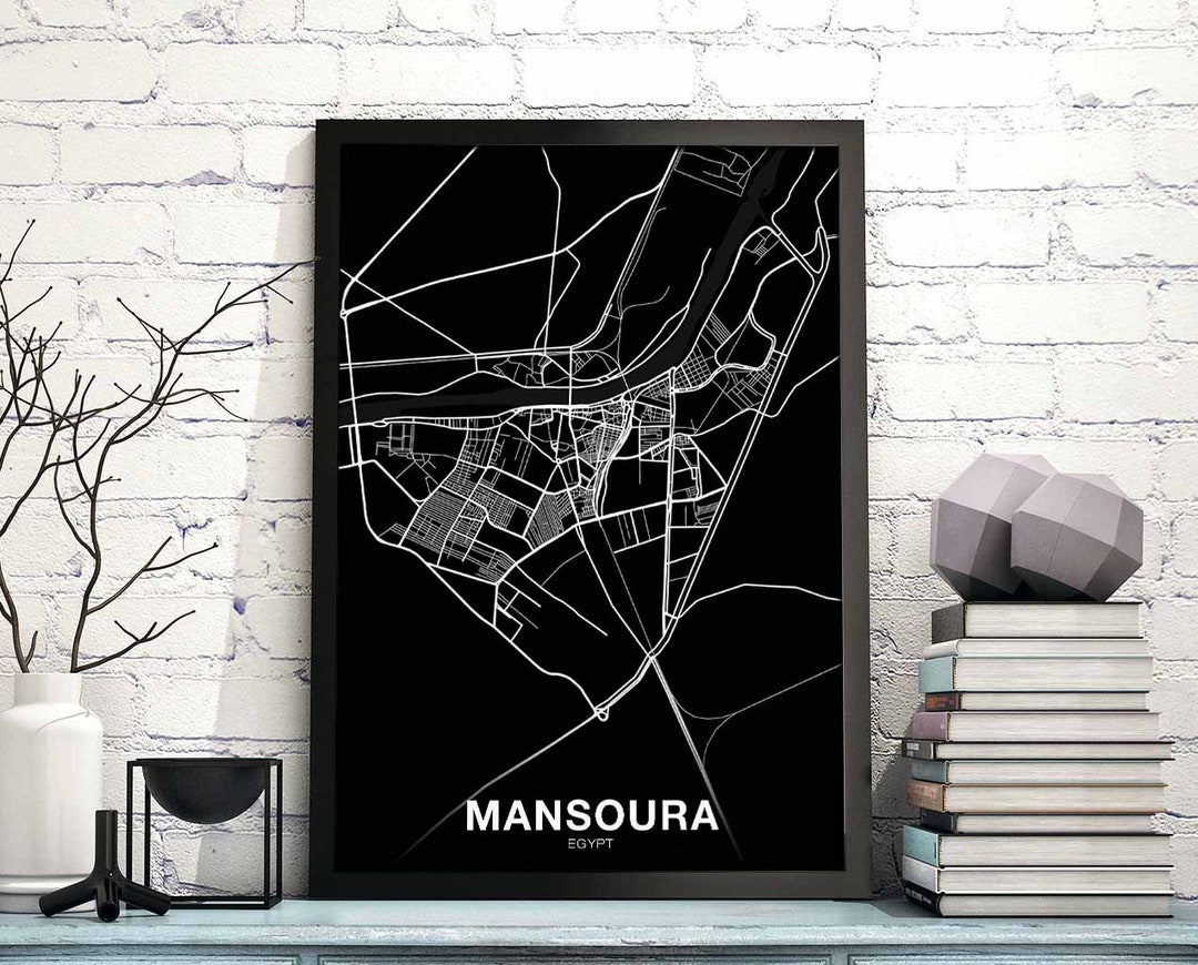 MANSOURA Egypt Map Poster Black White Hometown City Print Modern Home ...