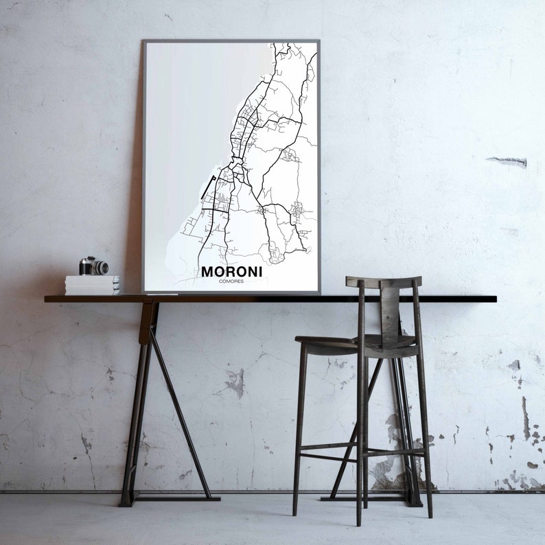 MORONI Comores Map Poster Black White Hometown City Print Modern Home ...
