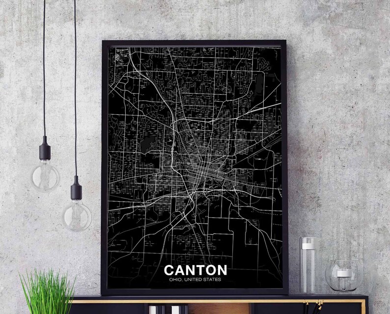 CANTON Ohio OH USA Map Poster Black White Hometown City Print Modern ...