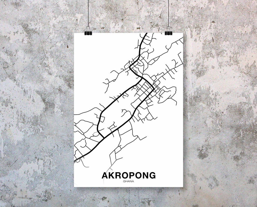 AKROPONG Ghana Map Poster Black White Hometown City Print Modern Home ...
