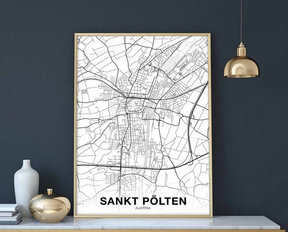 Prints Letterpress Prints SANKT POLTEN Austria map poster black white ...
