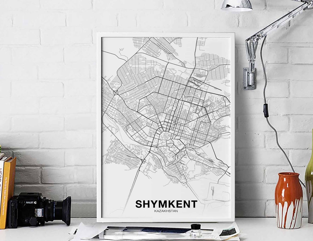 SHYMKENT Kazakhstan Map Poster Black White Hometown City Print Modern ...
