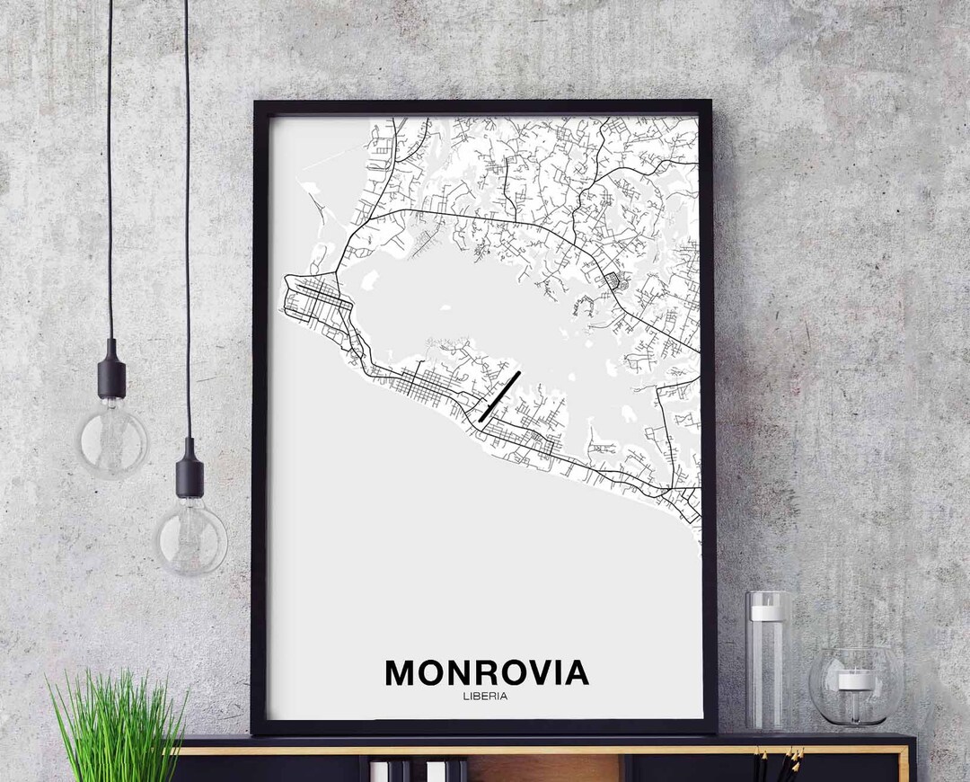 MONROVIA Liberia Map Poster Black White Hometown City Print Modern Home ...
