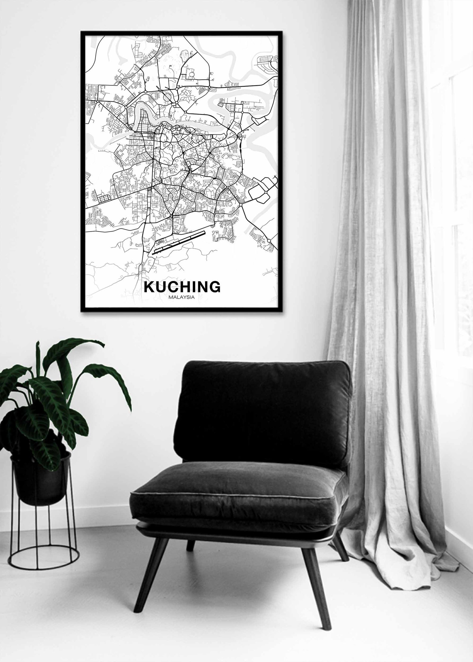 KUCHING Malaysia Map Poster Black White Hometown City Print Modern Home ...