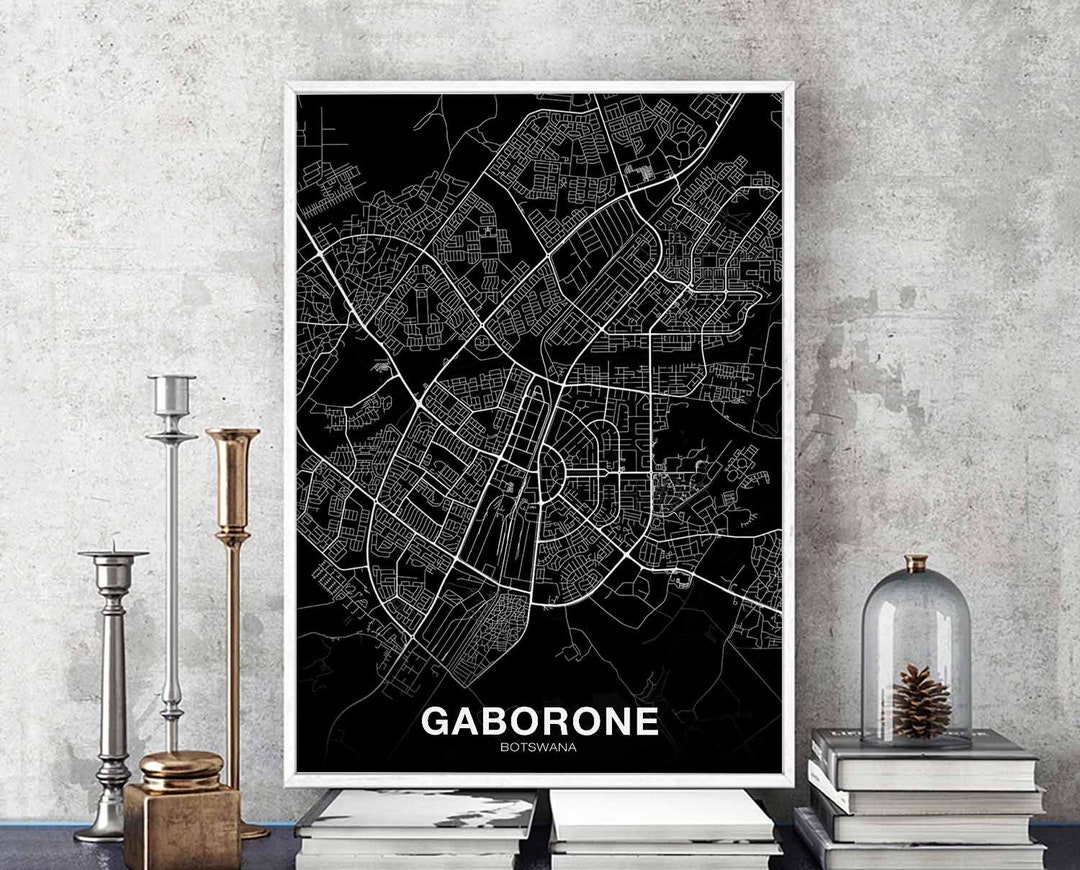 Póster con mapa de Botsuana, GABORONE, en blanco y negro, impresión de ...
