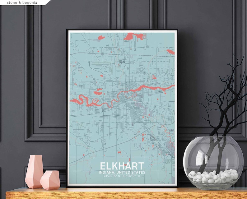 ELKHART Indiana USA Map Poster Black White Hometown City Print Modern ...
