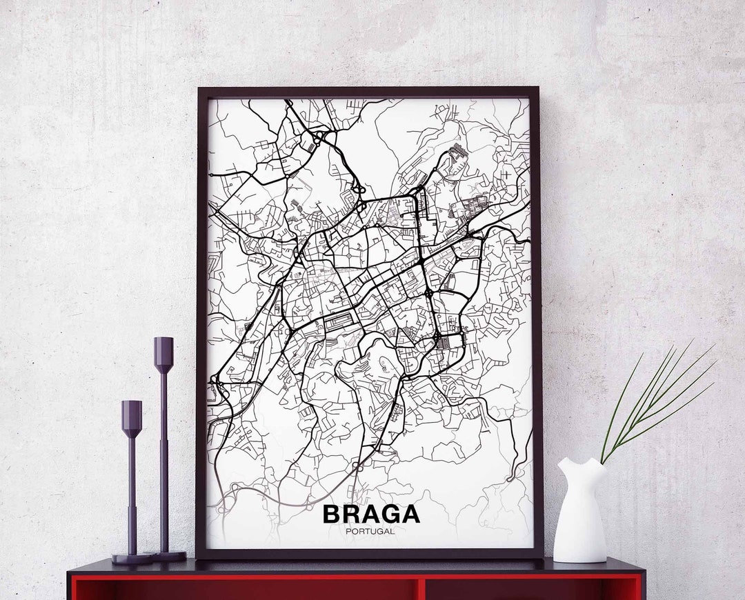 BRAGA Portugal Map Poster Black White Hometown City Print Modern Home ...