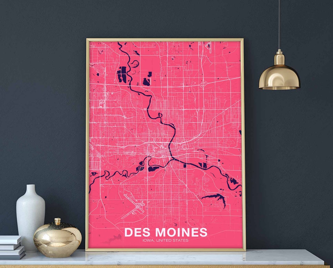 DES MOINES Iowa USA Map Poster Color Hometown City Print Modern Home ...