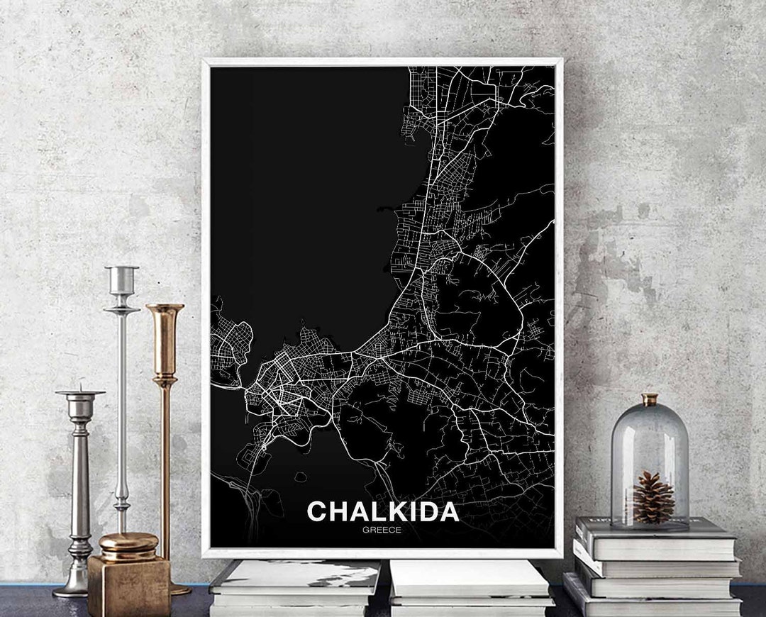 CHALKIDA Greece Map Poster Black White Hometown City Print Modern Home ...