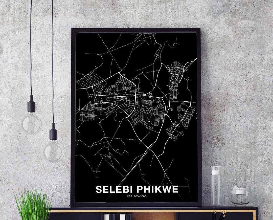 SELEBI PHIKWE Botswana Map Poster Black White Hometown City Print ...