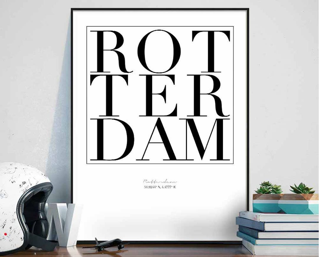Rotterdam Minimal Typography Art Print Poster Black White Wall Decor ...