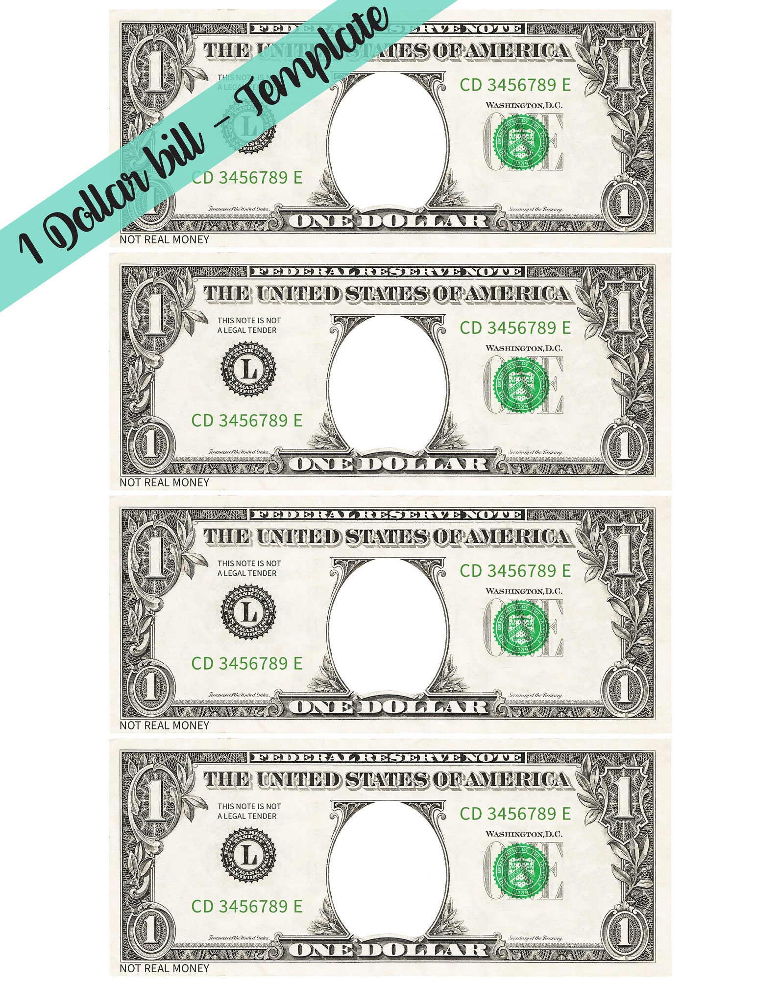 1 Dollar Bill Template - Letter Page With 4 Real Size Dollar Bills ...