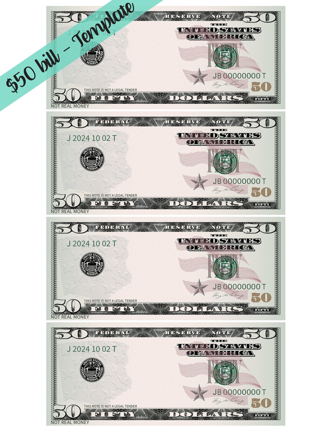 50 Dollar Bill Template - Letter Page With 4 Real Size Dollar Bills ...