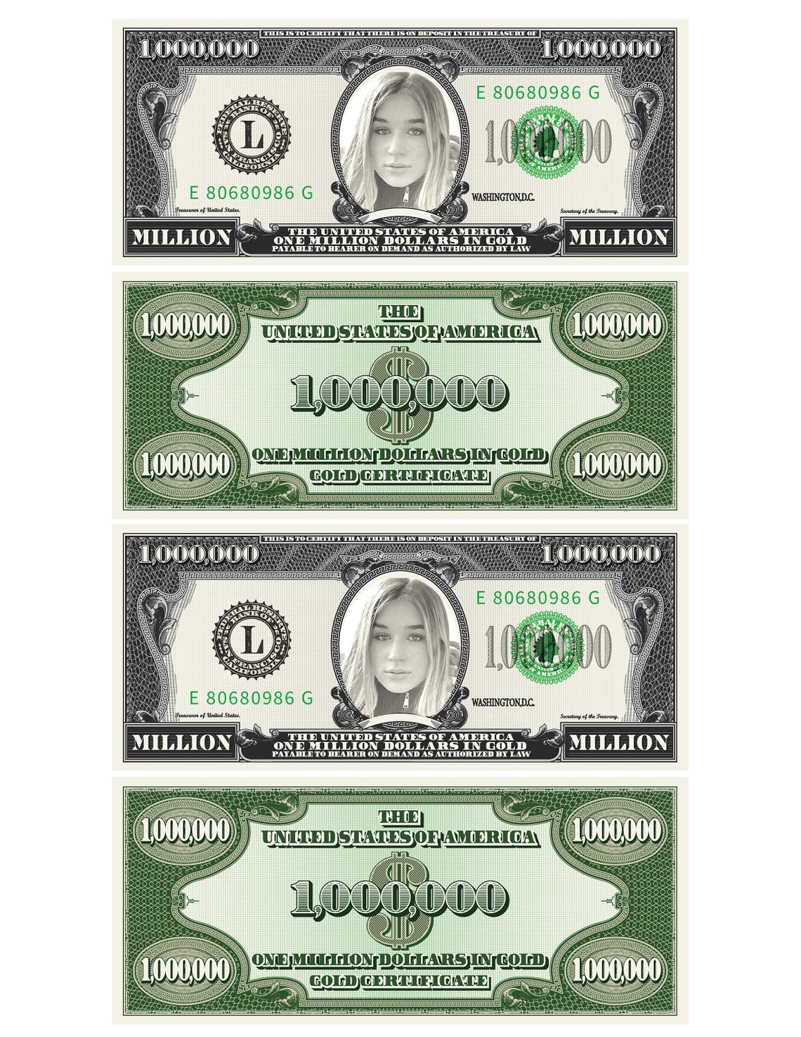 Million Dollar Bill Template - Letter Page With 4 Real Size Dollar ...