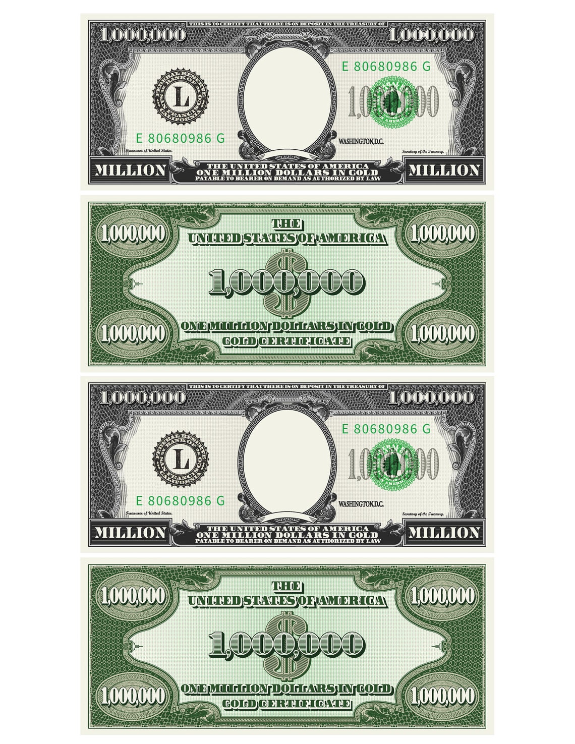 Million Dollar Bill Template - Letter Page With 4 Real Size Dollar ...