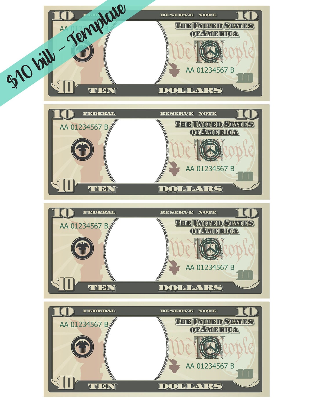 10 Dollar Bill Template Letter Page With 4 Real Size Dollar - Etsy Ireland