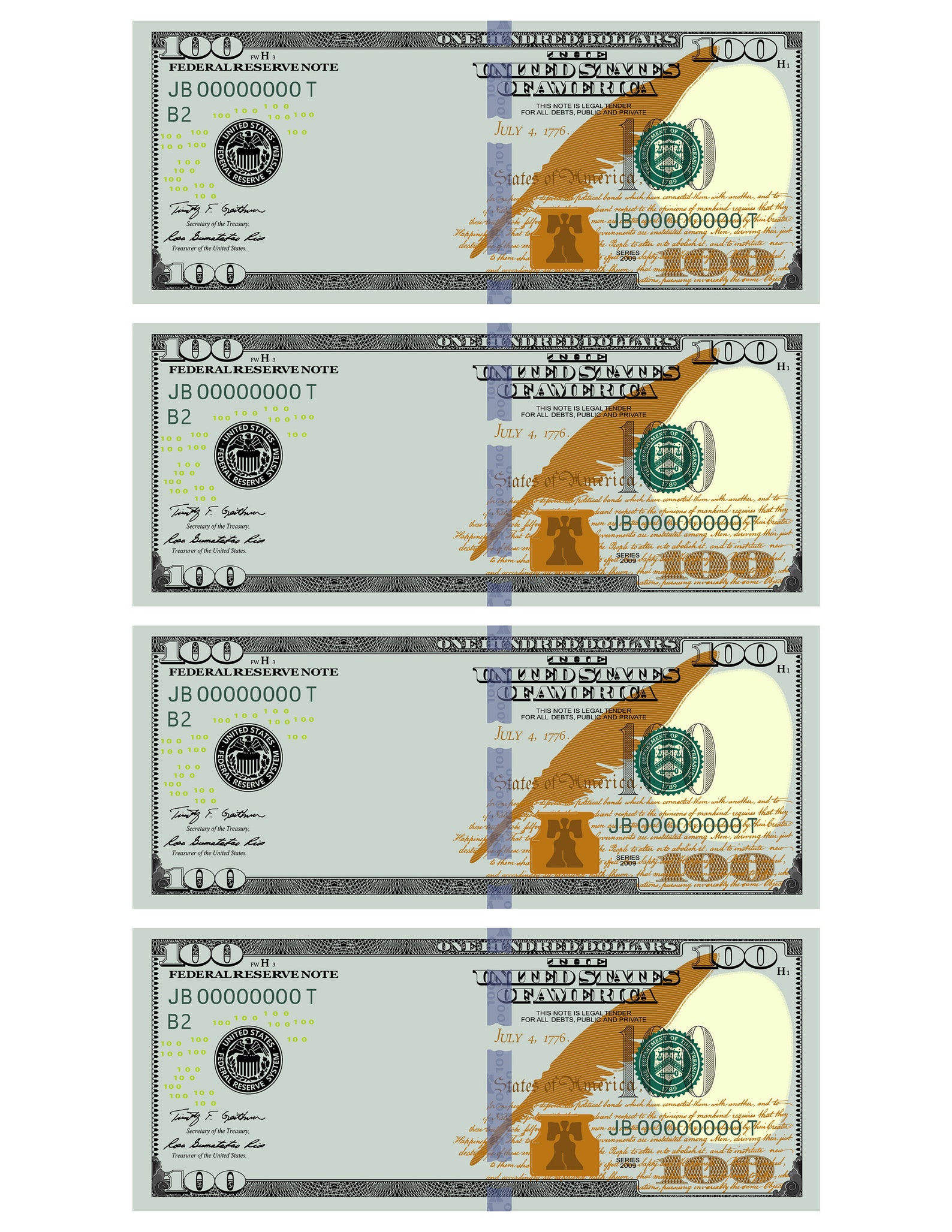 NEW 100 Dollar Bill Template - Letter Page With 4 Real Size Dollar ...