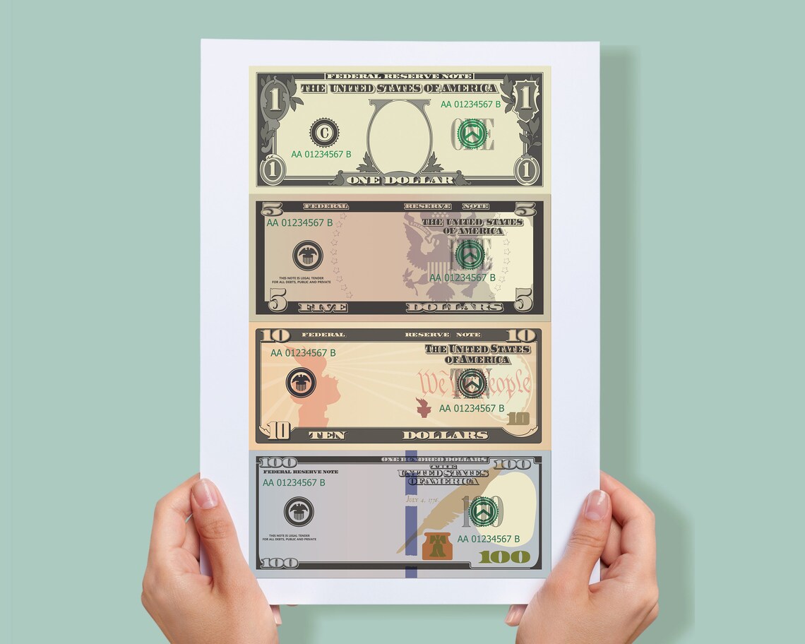 Dollar Bill Templates Printable Letter Page With 4 Real Size - Etsy