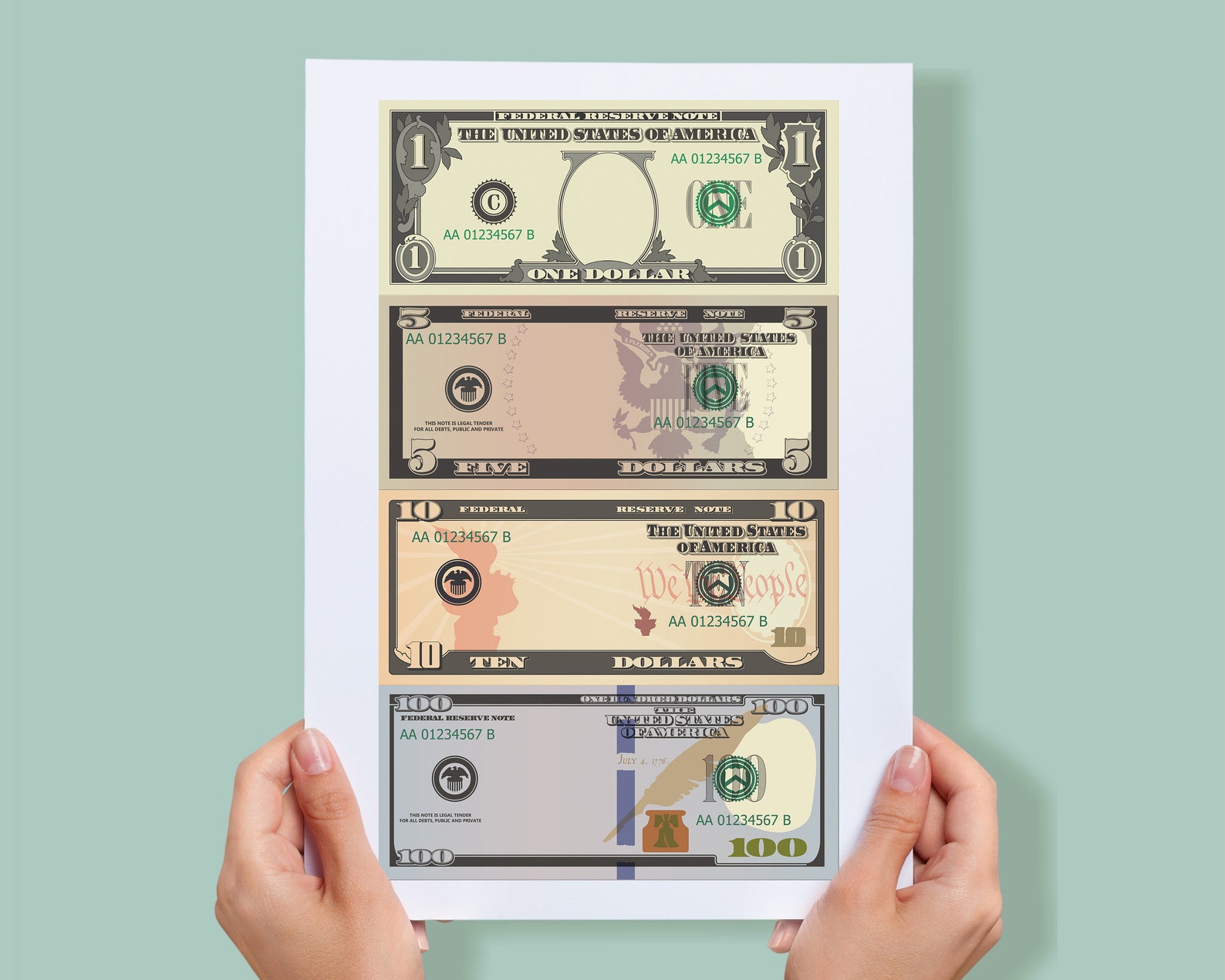 Dollar Bill Templates Printable Letter Page With 4 Real Size - Etsy