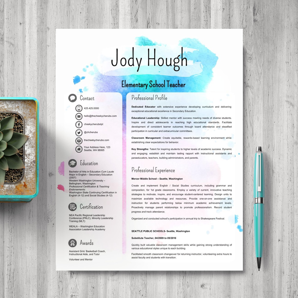 Teacher Portfolio Template watercolor Resume Template - Etsy Australia