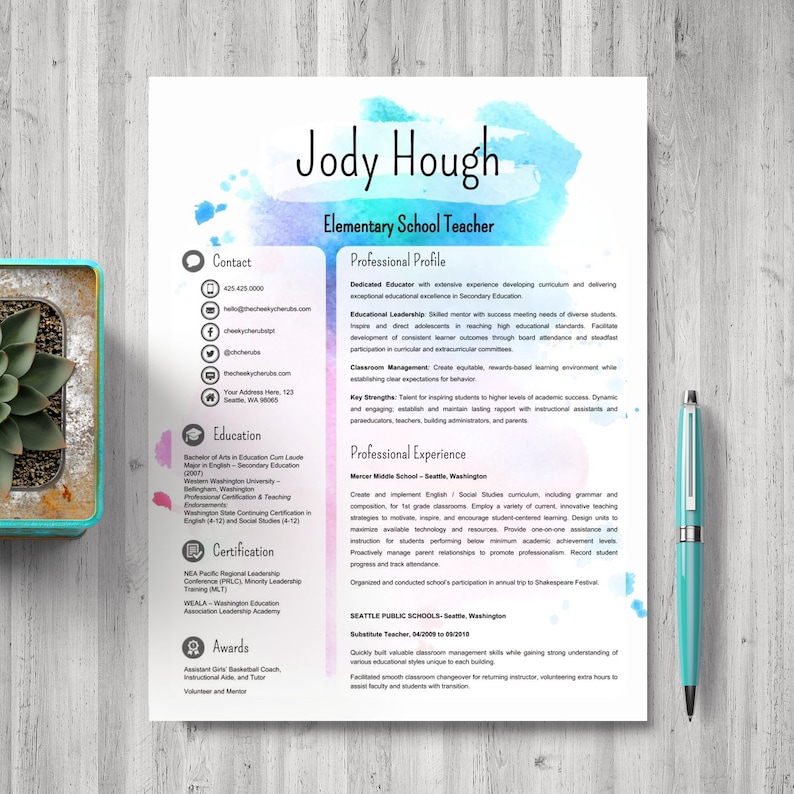 Teacher Portfolio Template (watercolor) + Resume Template | Powerpoint ...